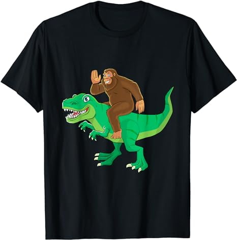 Bigfoot Riding Dinosaur T Rex Funny Men Boys Sasquatch Lover T-Shirt ...