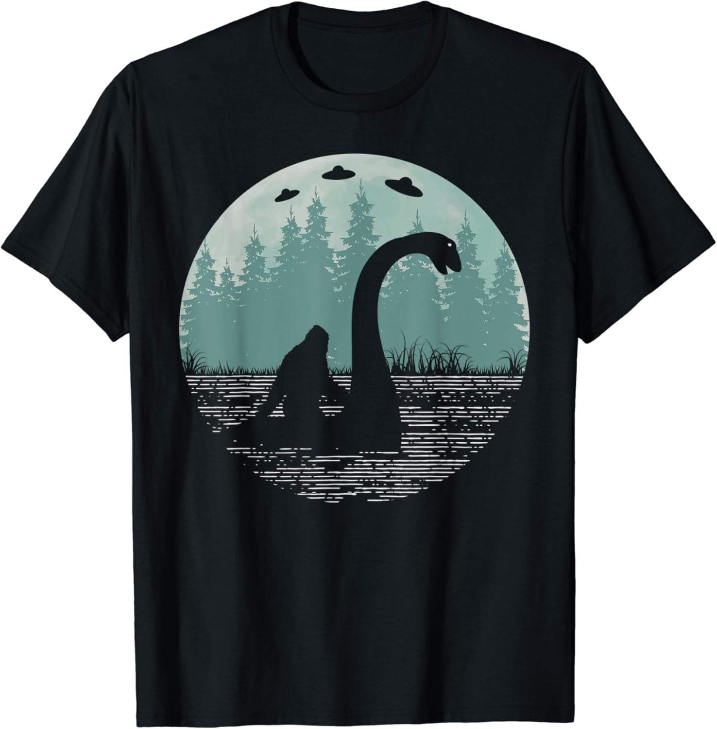 Bigfoot Riding Loch Ness Monster Nessie Funny Sasquatch Ufo T Shirt