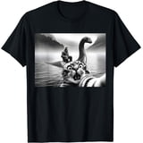 Bigfoot Riding Loch Ness Monster Surprised Scared Cat Selfie T-Shirt ...