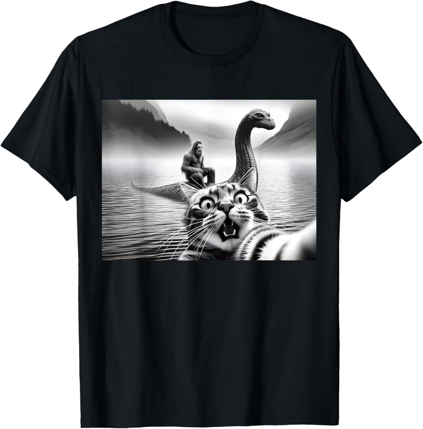 Bigfoot Riding Loch Ness Monster Surprised Scared Cat Selfie T-Shirt ...