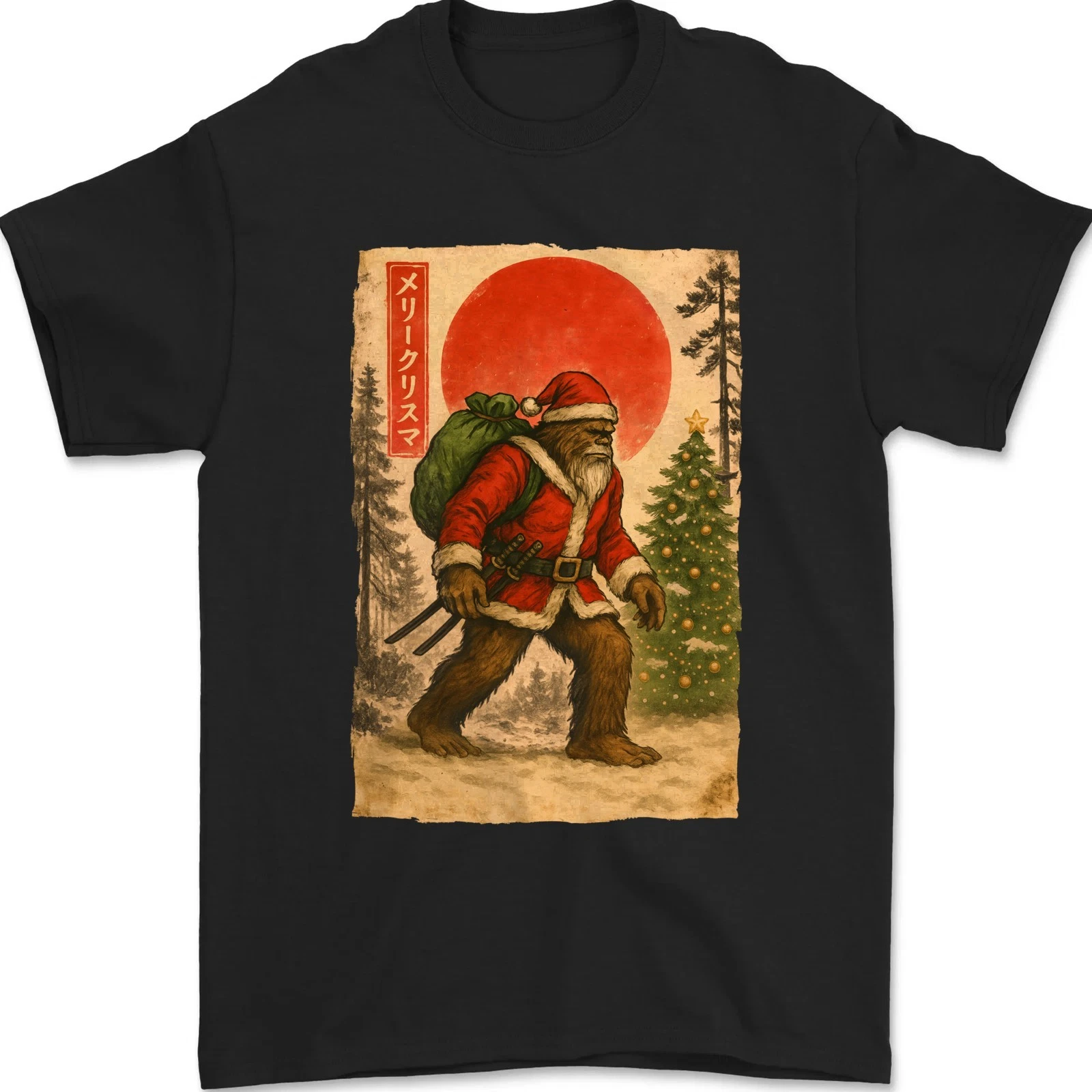 Bigfoot Samurai Tree Holiday Lights Japanese Christmas Art Unisex T ...