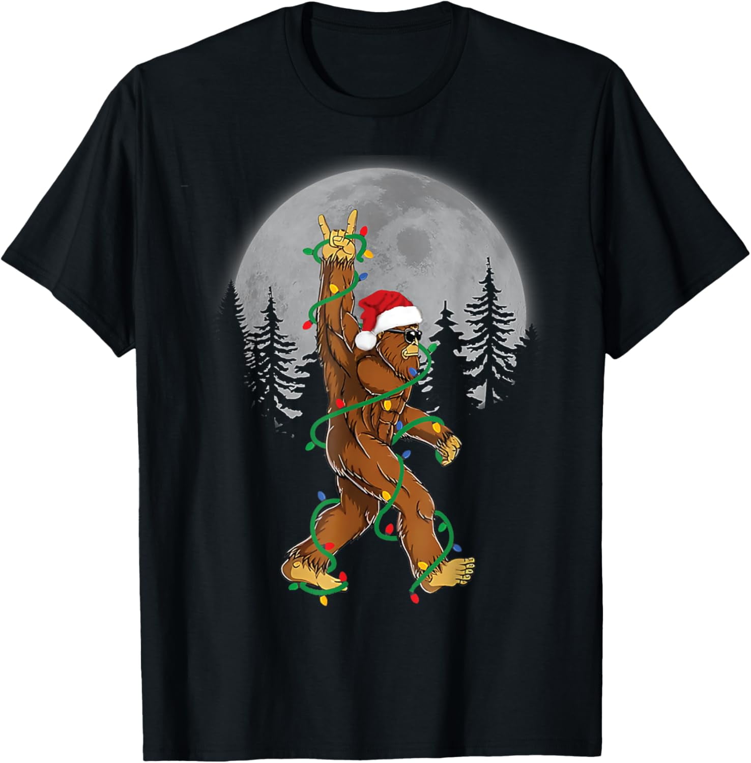 Bigfoot Santa Christmas Tree Lights Funny Xmas Sasquatch T-Shirt ...