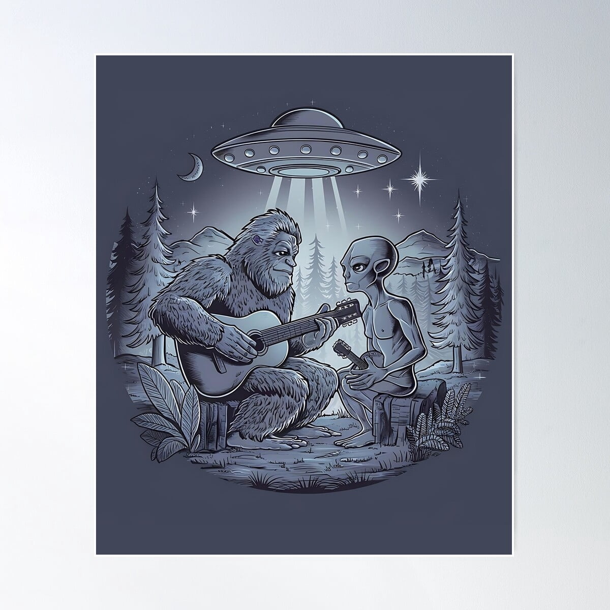 Bigfoot Sasquatch Alien And Ufo At The Campfire In Forest Night Poster ...