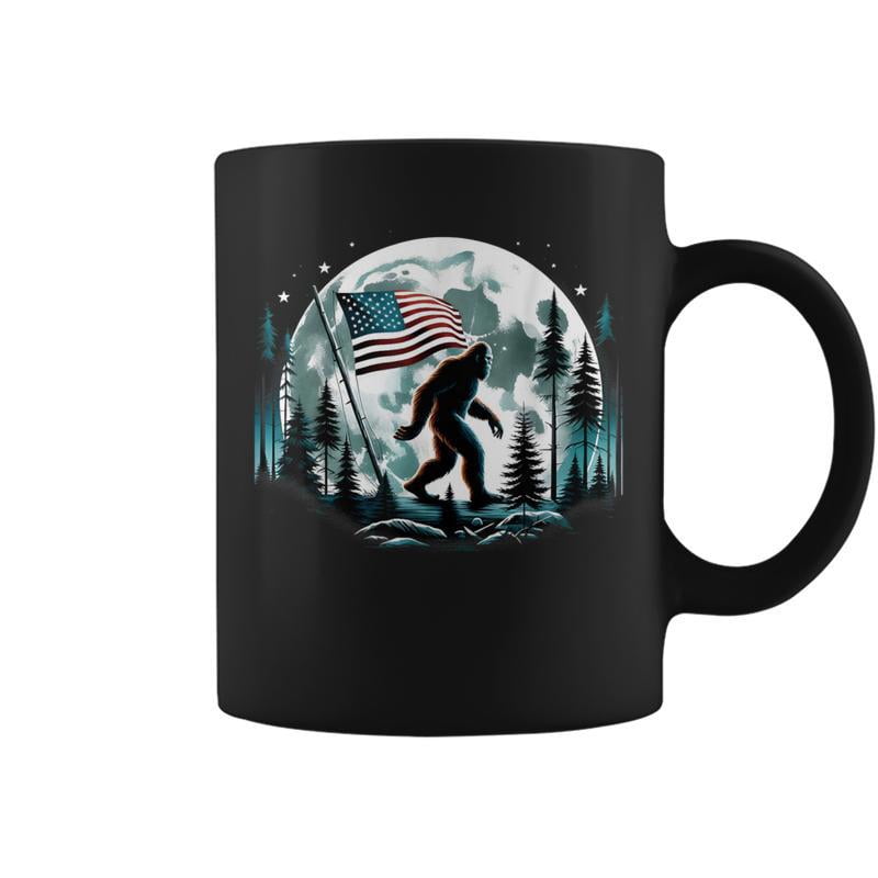 Bigfoot Sasquatch American Flag Retro Full Moon Patriotic Coffee Mugs ...