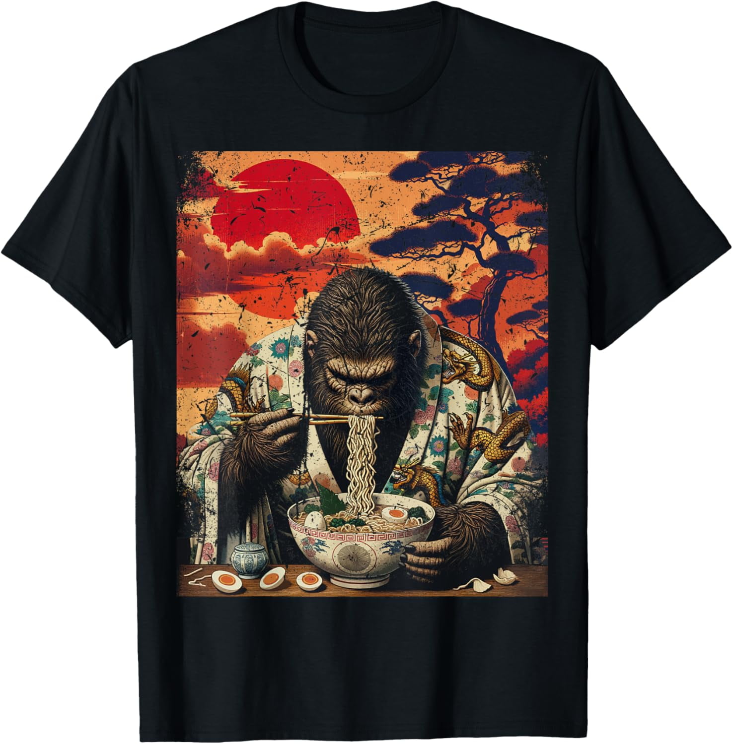 Bigfoot Sasquatch Funny Cryptid Japanese Ramen Ukiyo-e T-Shirt Tops Tee ...