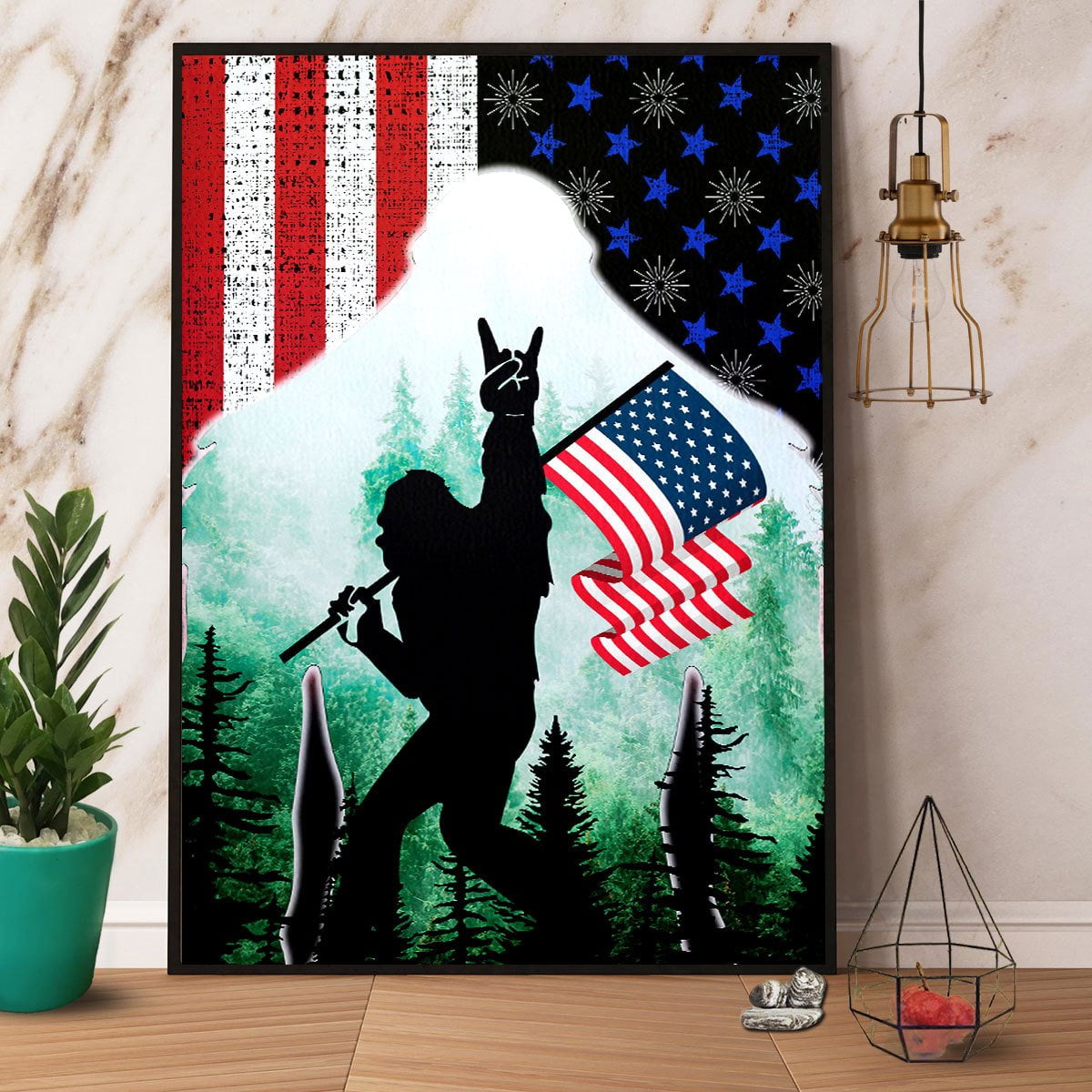 Bigfoot Sasquatch Holding American Flag Paper Poster No Frame Matte ...