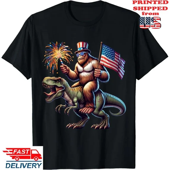 Bigfoot Sasquatch Riding Dinosaur T Rex. Funny 4Th Of July T-Shirt ...