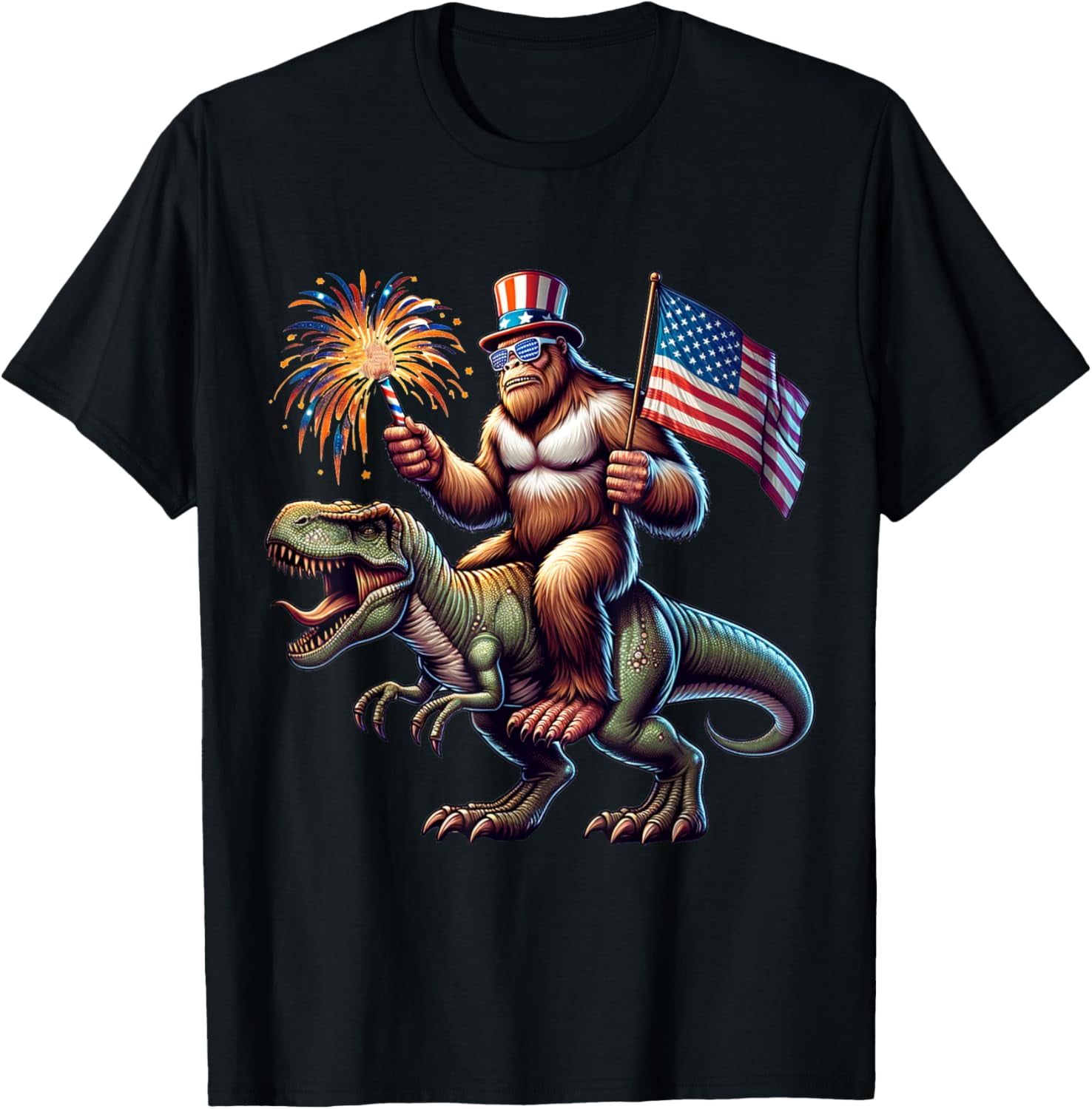 Bigfoot Sasquatch Riding Dinosaur T rex. Funny 4th Of July T-Shirt Tops ...