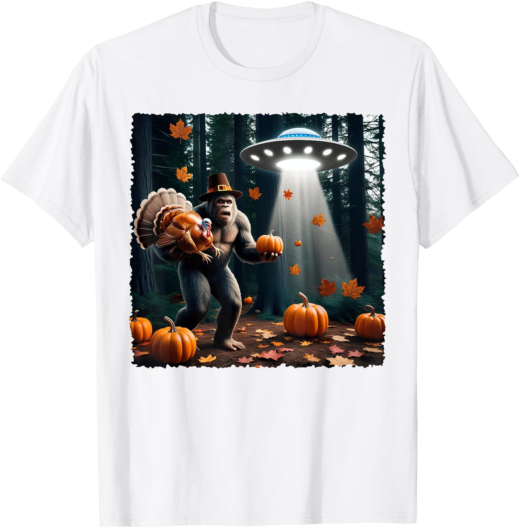 Bigfoot Sasquatch Turkey UFOs Funny Thanksgiving Day Pumpkin T-Shirt ...