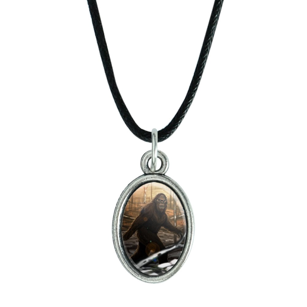 Bigfoot Sasquatch Walking in the Woods Antiqued Oval Charm Pendant with ...