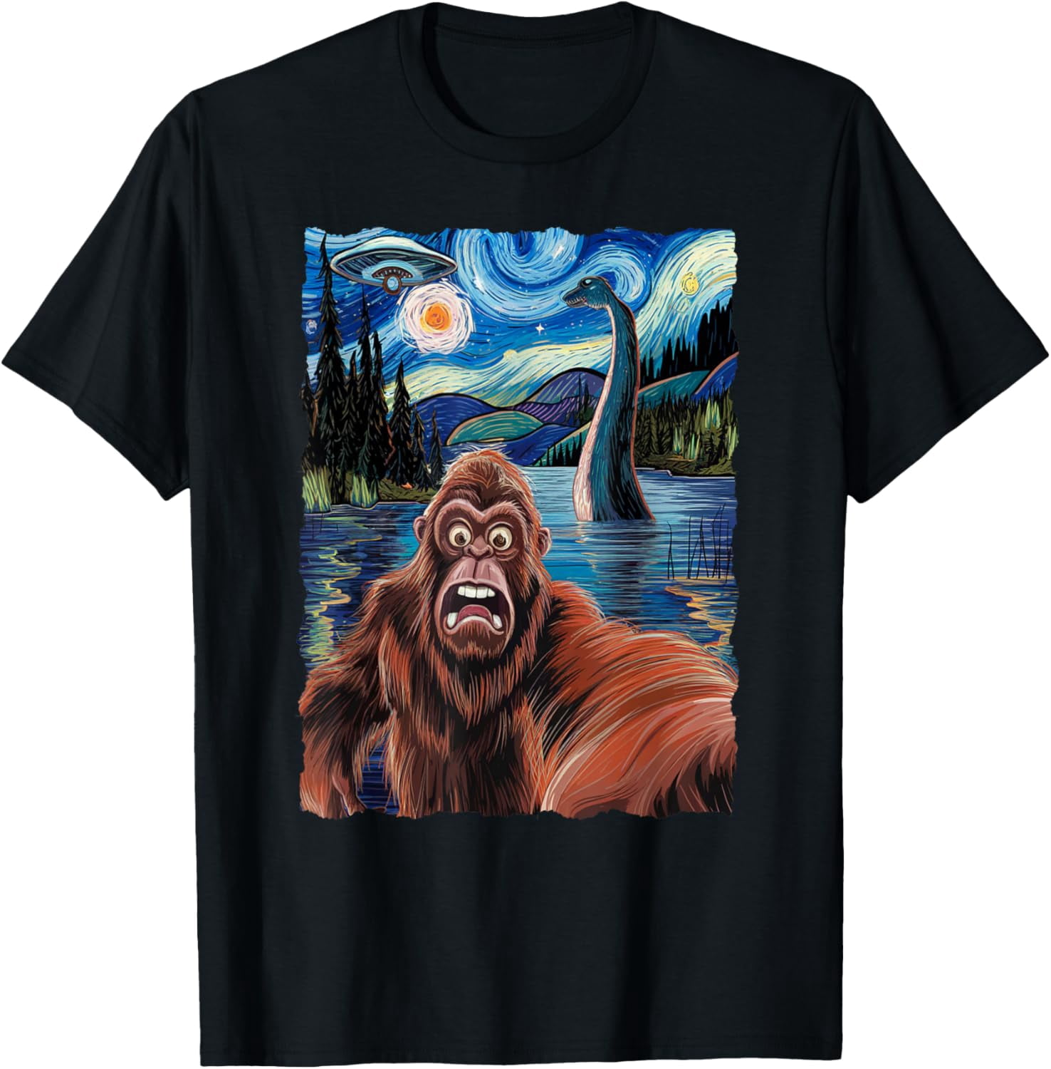 Bigfoot Selfie With Loch Ness Monster And UFO Aliens Shirt T-Shirt ...