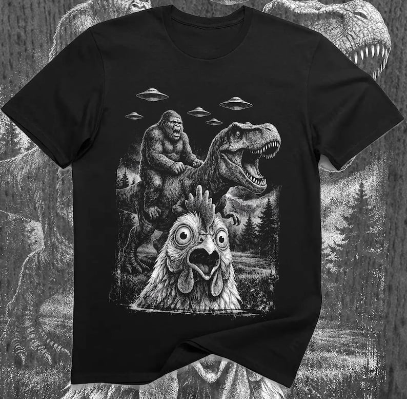 Bigfoot T-Rex UFO T-Shirt, Absurd Meme Graphic Tee, Funny Cryptid ...