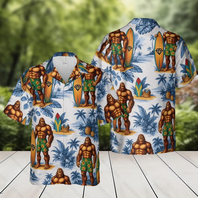 Bigfoot Tropical Beach Hawaiian Shirt, Bigfoot Surfing Summer Vacation ...