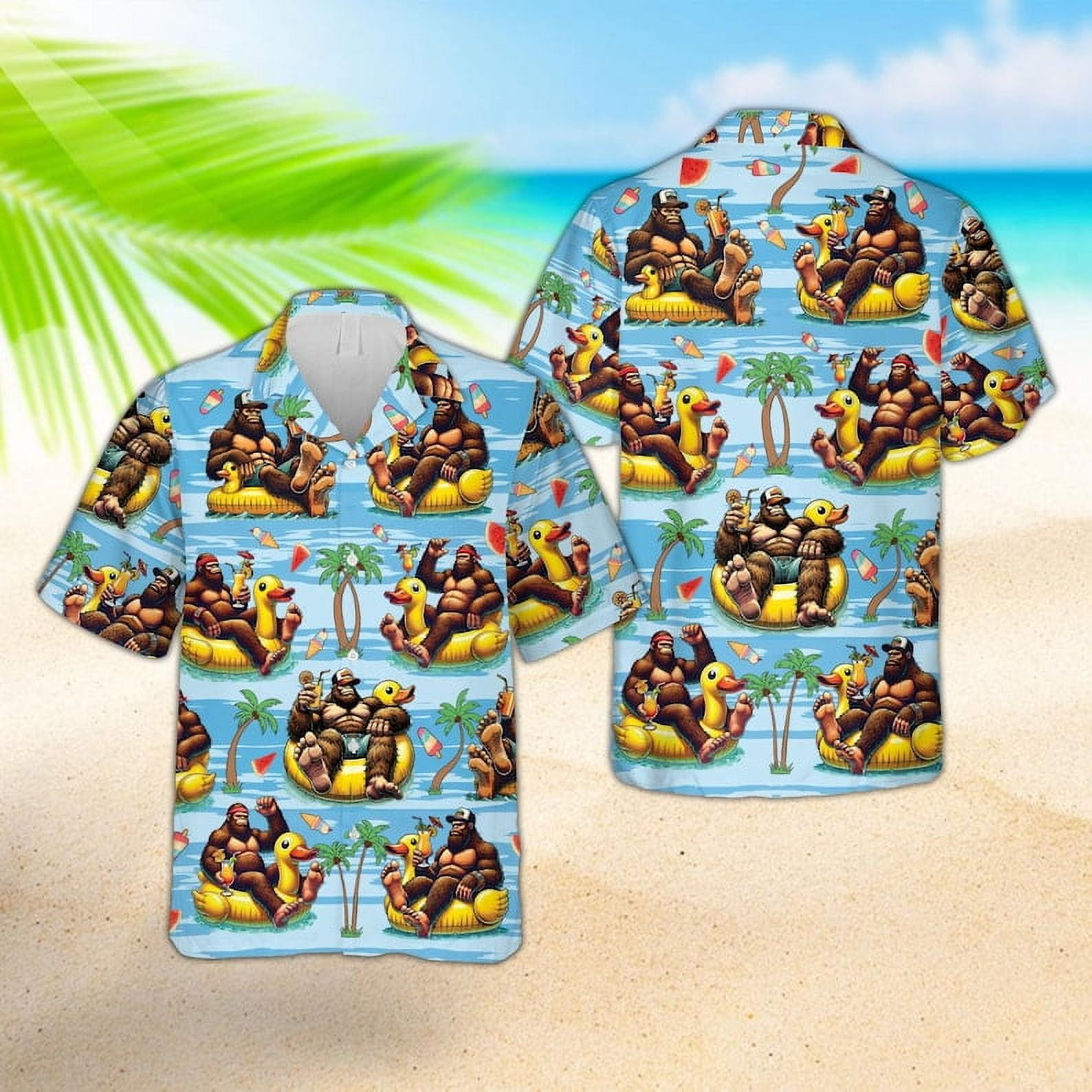 Bigfoot Tropical Summer Hawaiian Shirt, Sasquatch Yellow Duck Float ...