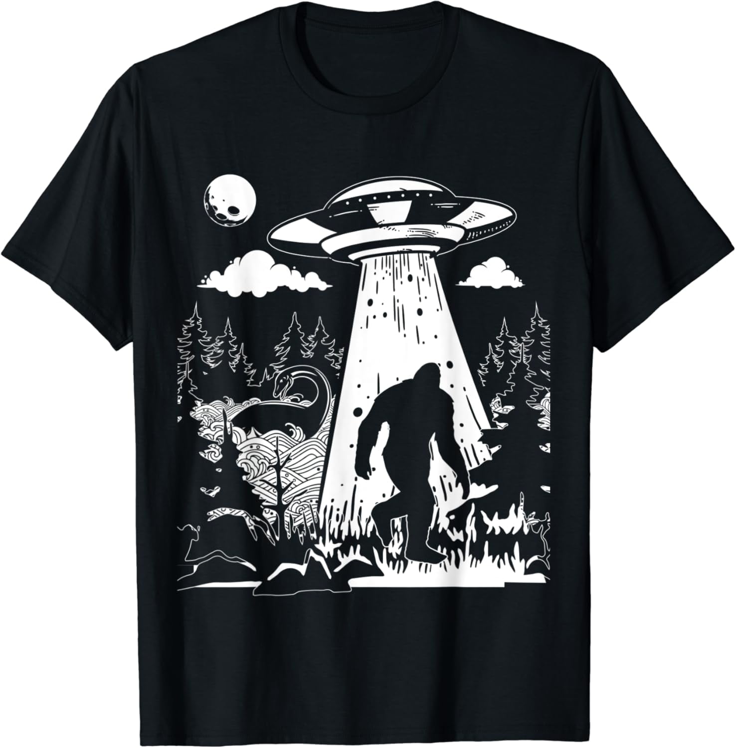 Bigfoot UFO Abduction Sasquatch & Aliens & Loch Ness Monster T-Shirt ...
