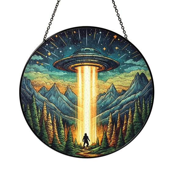 Bigfoot UFO Stained Glass Suncatcher Window Hanging, Mysterious Forest ...