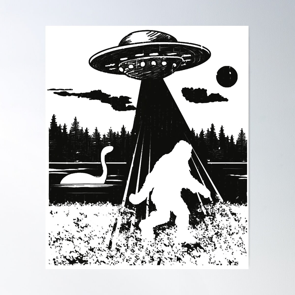 Bigfoot Ufo Abduction Silhouette Funny Sasquatch Aliens Poster Wall Art ...