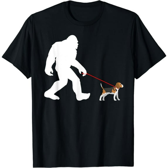 Bigfoot Walking a Beagle Funny Cryptid and Pet Design Mens T Shirt ...