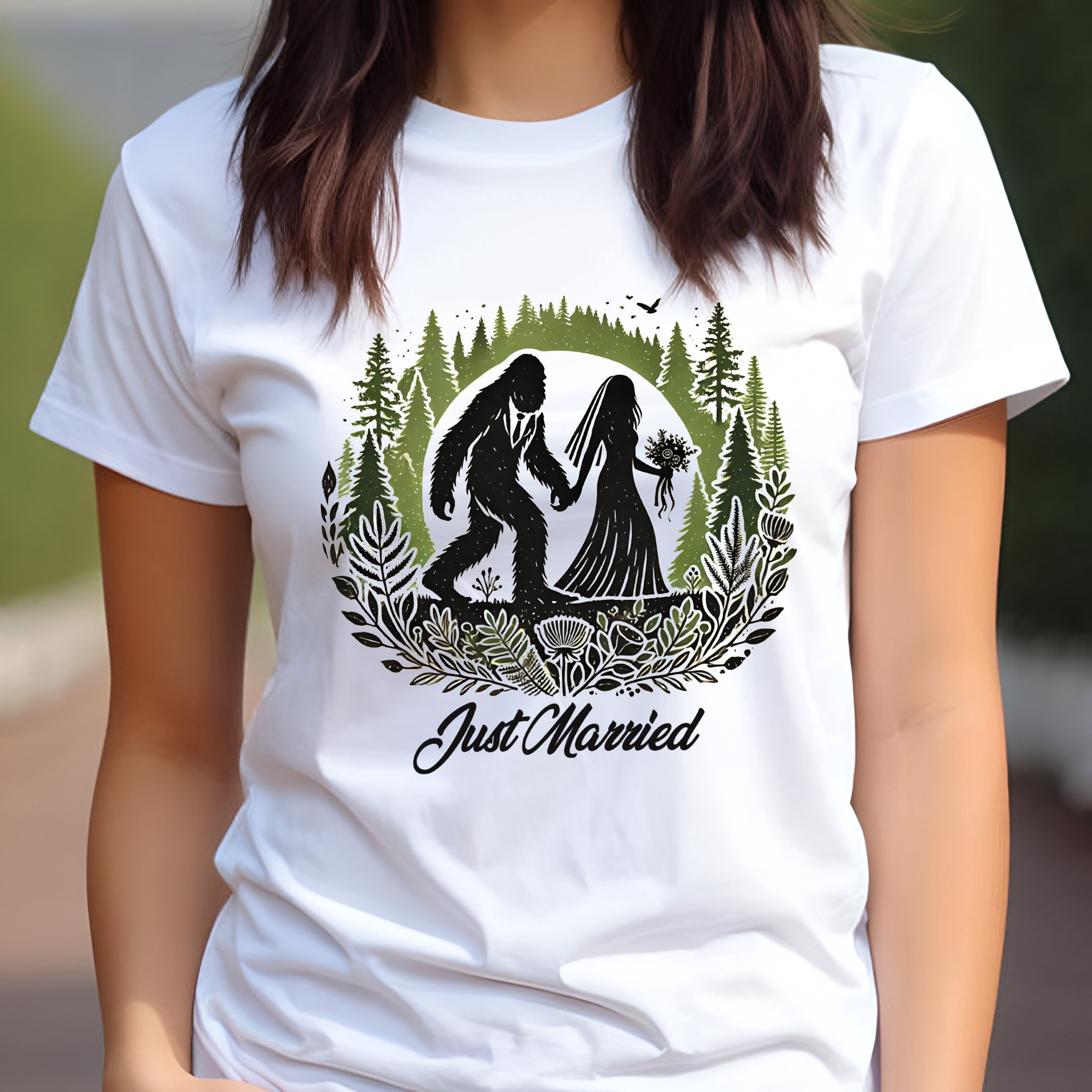Bigfoot Wedding Just Married T-Shirt - Unique Bigfoot Couple Graphic ...