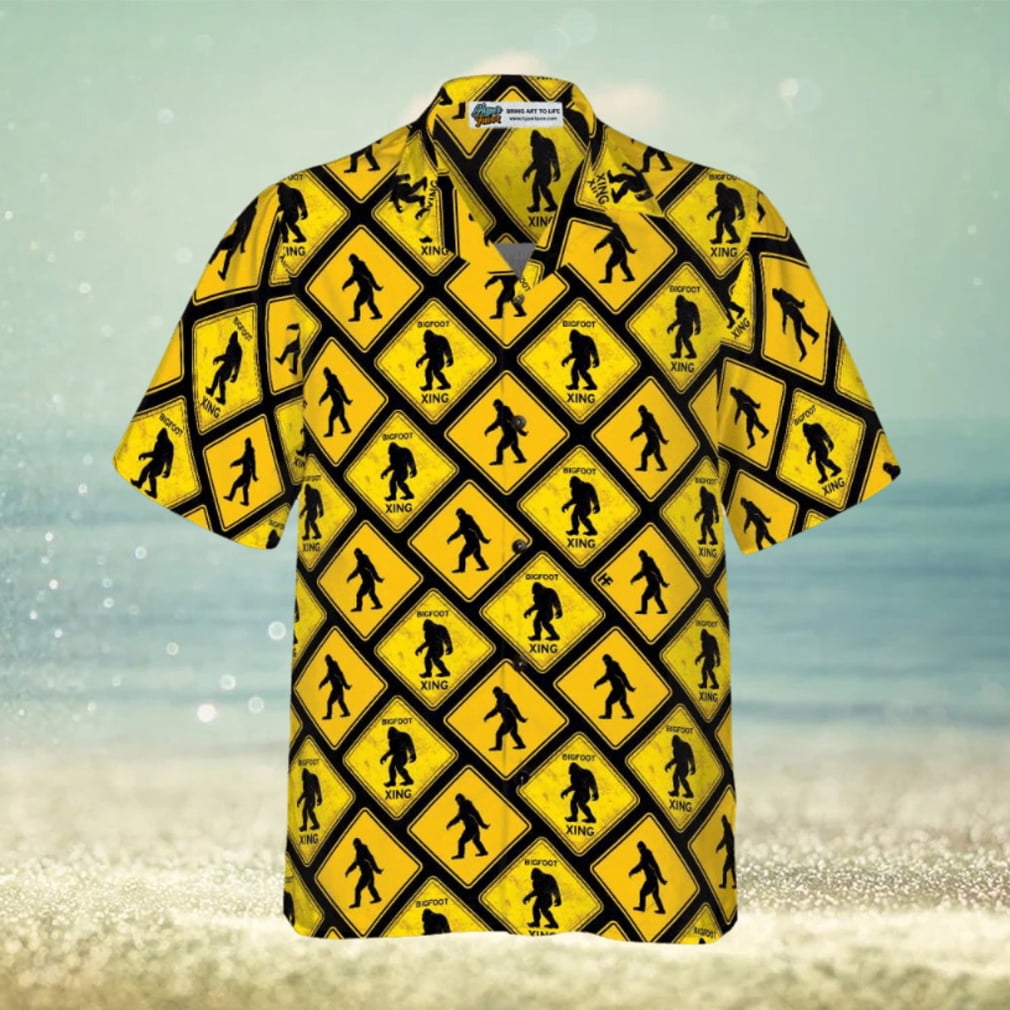 Bigfoot Yellow Square Bigfoot Hawaiian Shirt, Diamond Pattern Caution ...