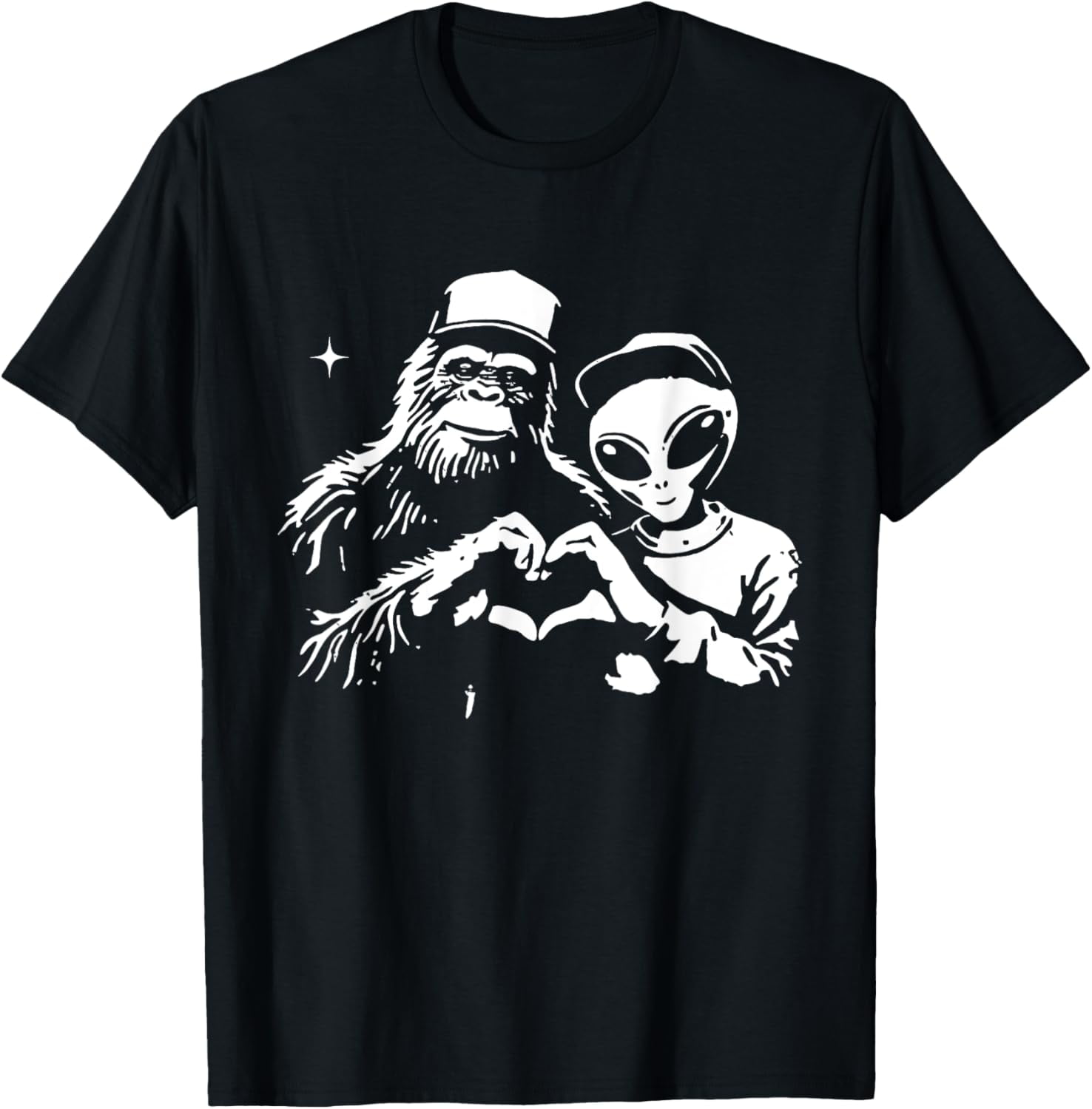 Bigfoot and Alien Heart Hands Funny Valentines Bigfoot UFO T-Shirt ...
