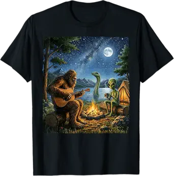 Bigfoot and Alien Loch Ness Campfire Sasquatch Funny Camping T-Shirt ...