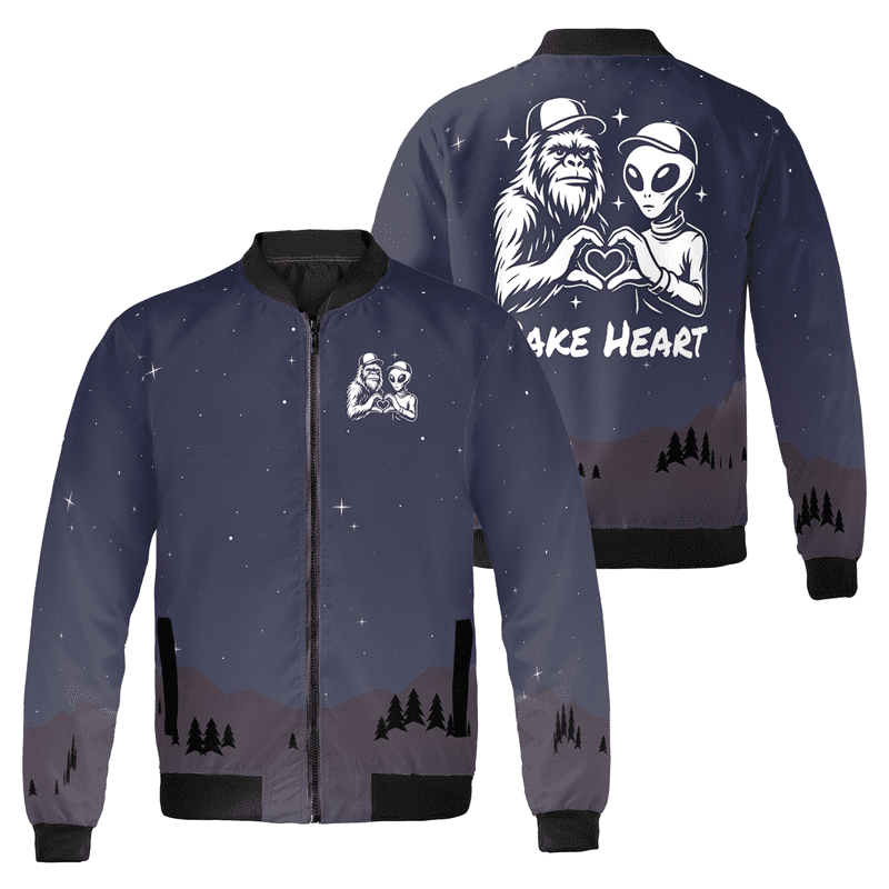 Bigfoot and Alien Make Heart Bomber Jacket – Retro Sci-Fi Outerwear ...
