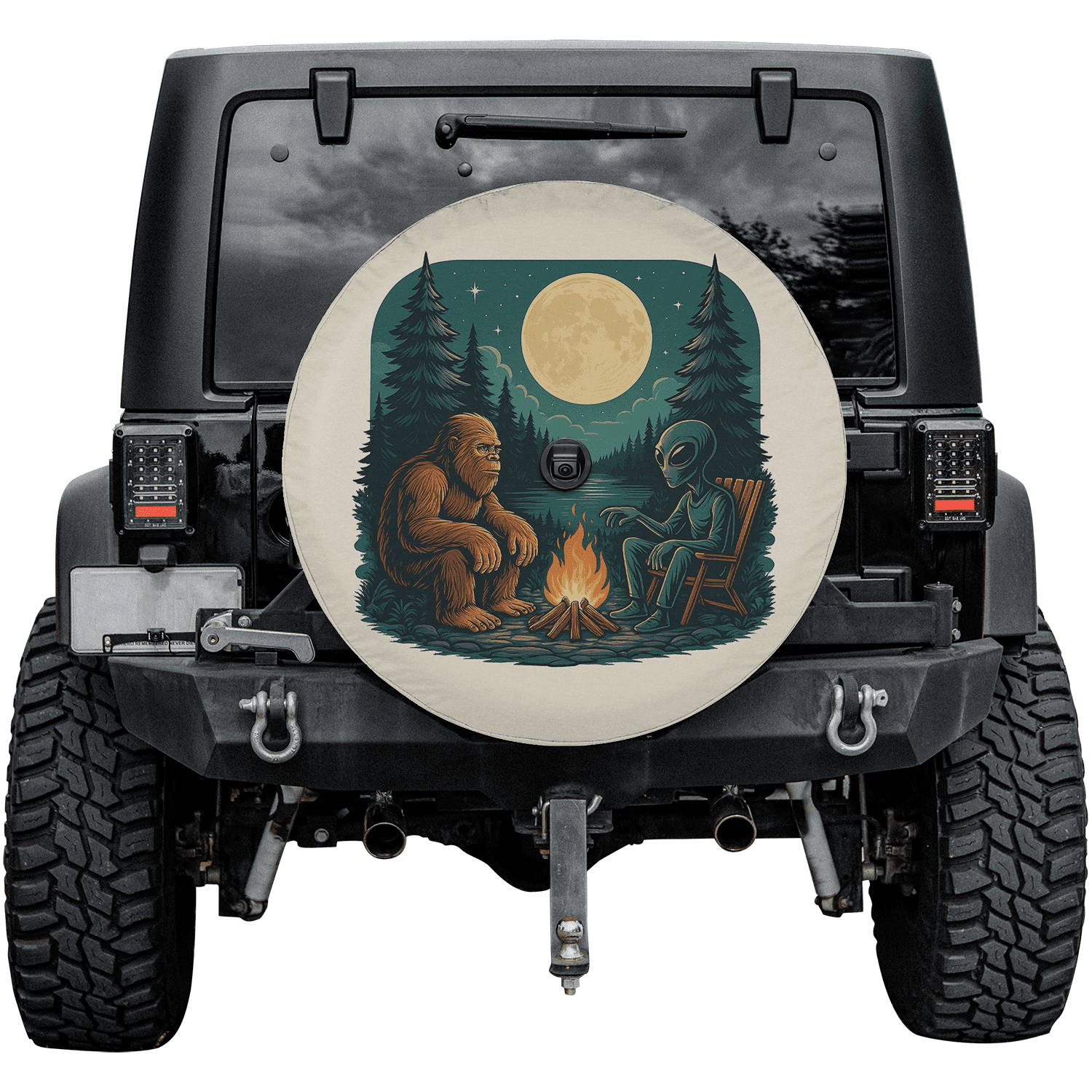 Bigfoot and Alien Spare Tire Cover - Unique Moonlit Campfire Design Car ...