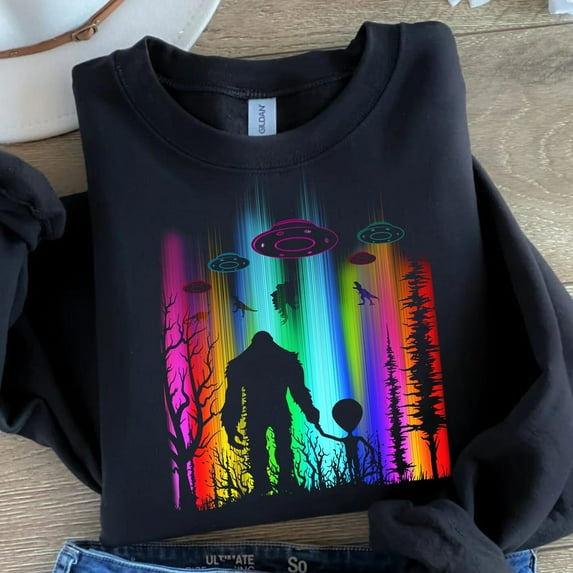 Bigfoot and Alien Sweatshirt: Retro UFO Sasquatch Apparel TSHIRT All ...