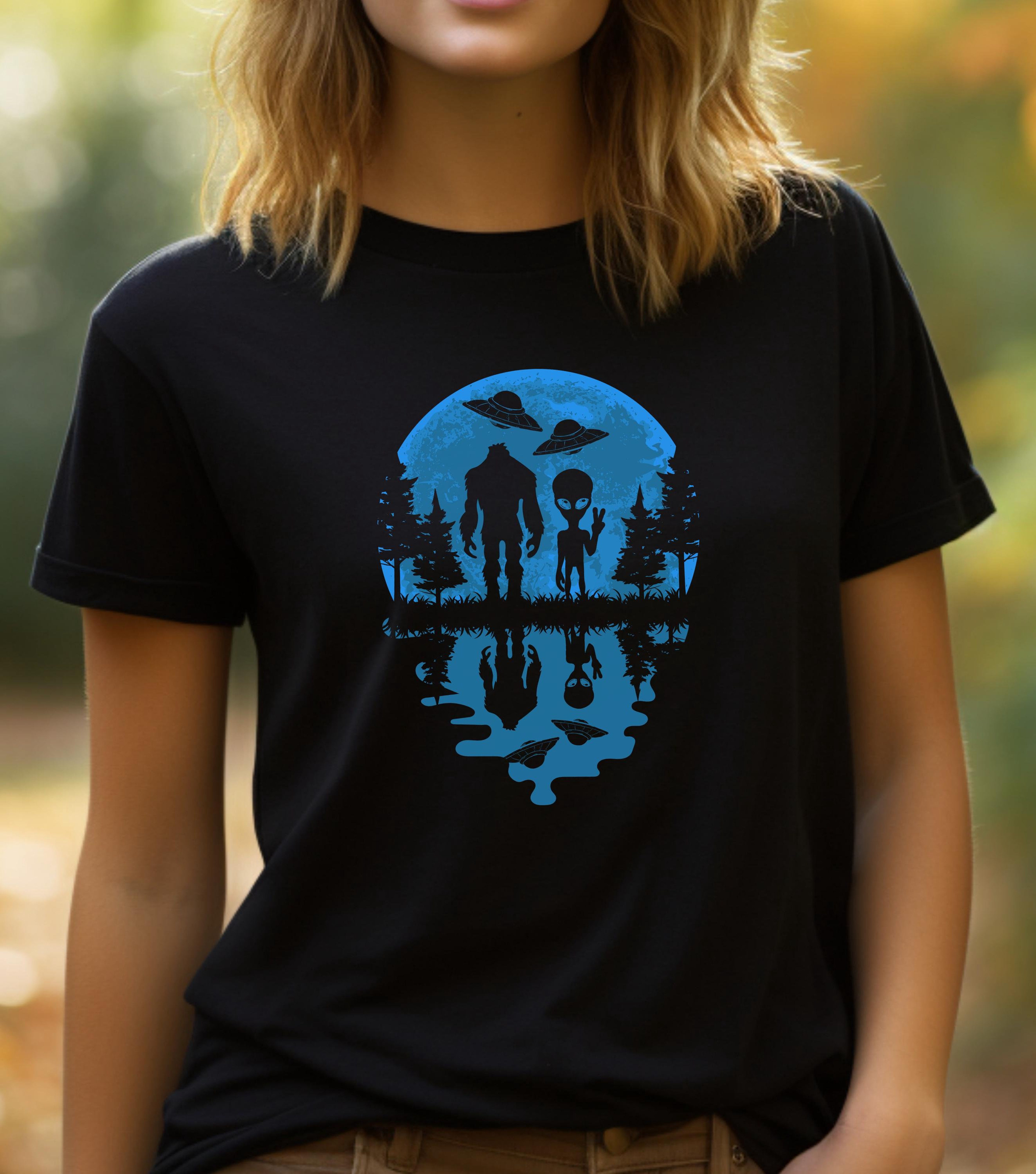 Bigfoot and Alien Unisex Tee, UFO Forest Adventure Shirt, Extraterrestrial Cryptid Top, Sci-Fi ...