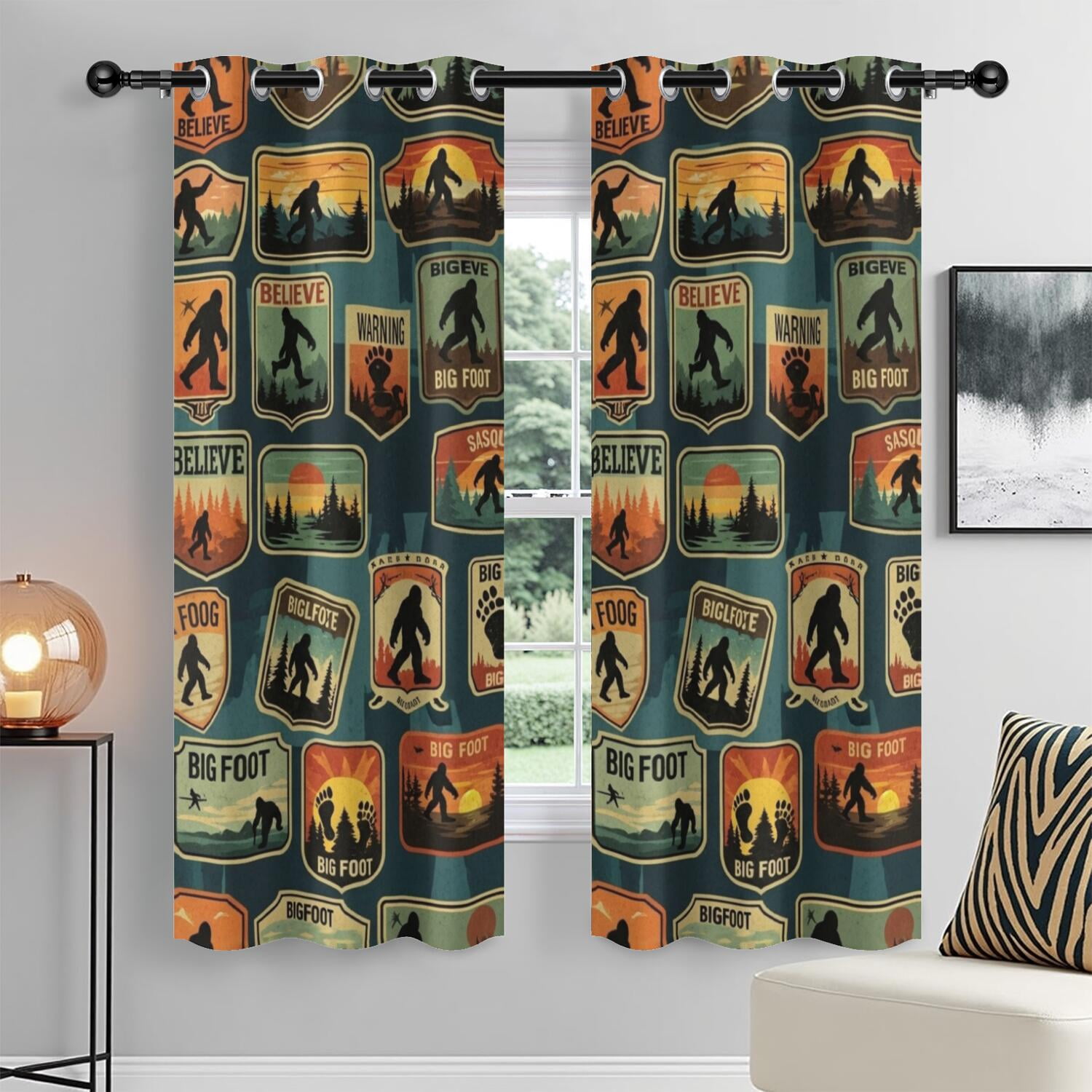 Bigfoot and Badge Blue Pattern Blackout Curtains,Triple Weaved Fabric ...