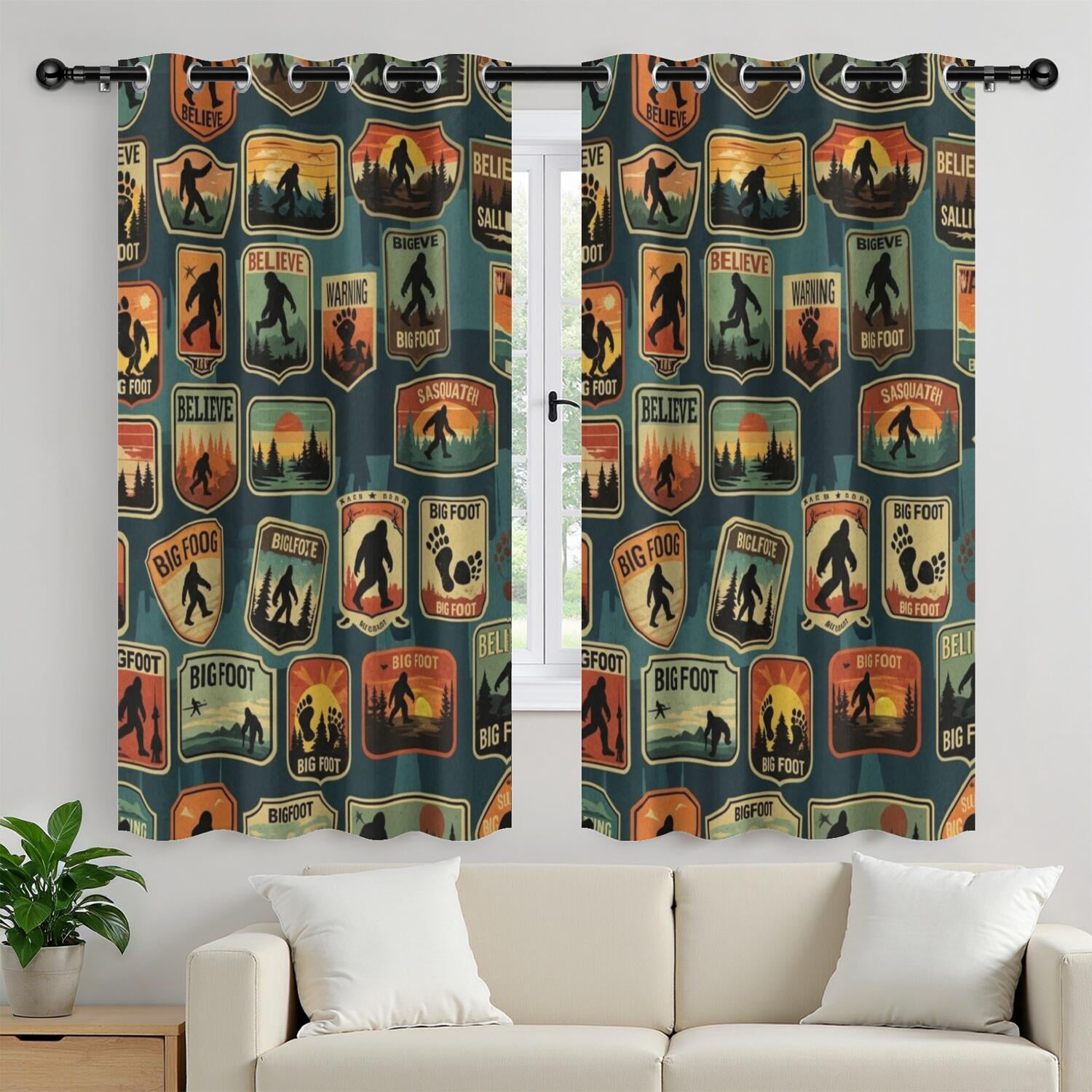 Bigfoot and Badge Blue Pattern Blackout Curtains,Triple Weaved Fabric ...
