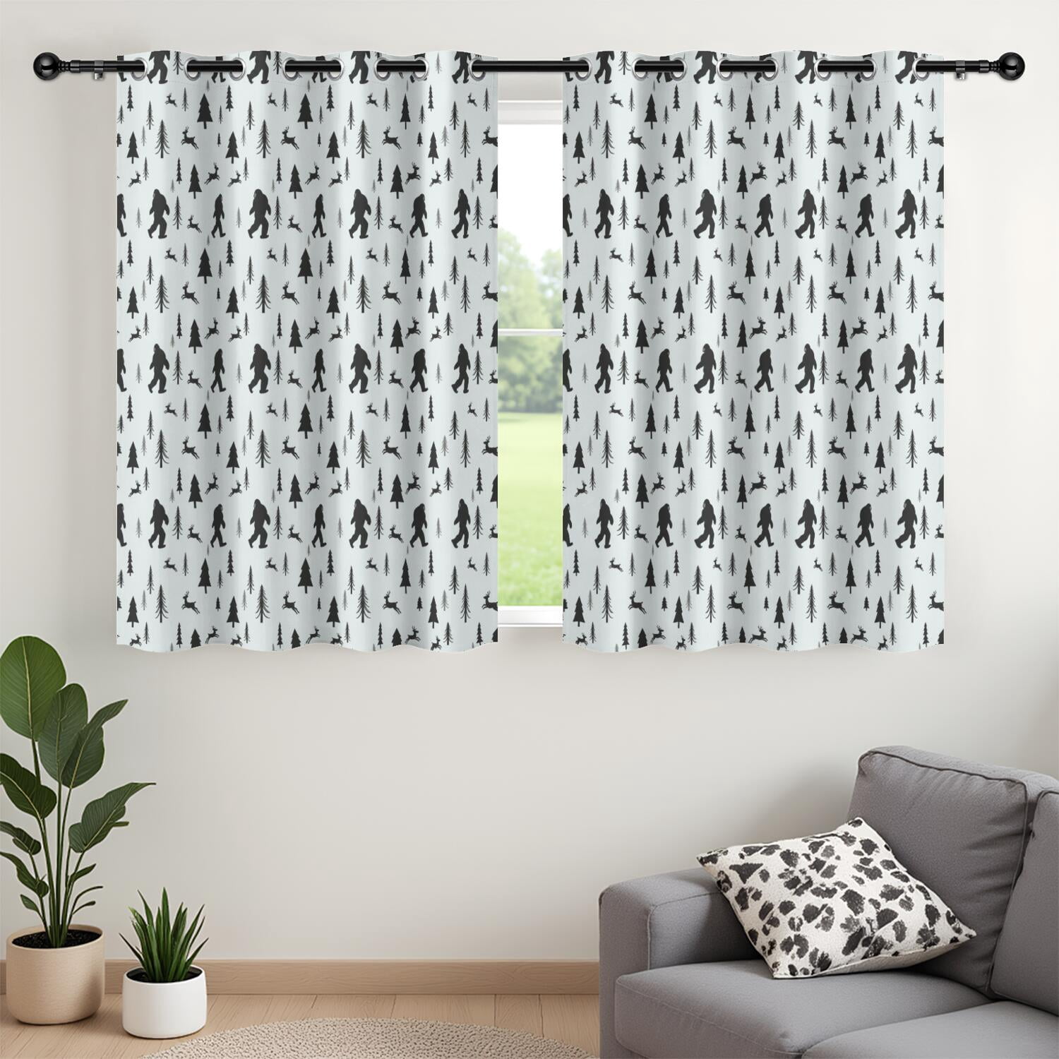 Bigfoot and Deer White Pattern Blackout Curtains,Triple Weaved Fabric ...