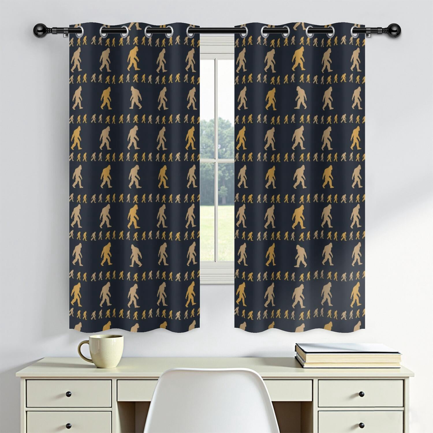 Bigfoot and Human Black Pattern Blackout Curtains,Triple Weaved Fabric ...