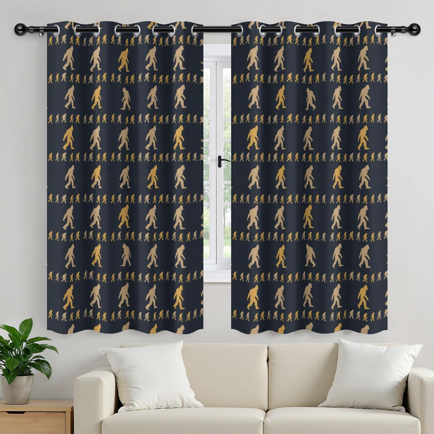 Bigfoot and Human Black Pattern Blackout Curtains,Triple Weaved Fabric ...