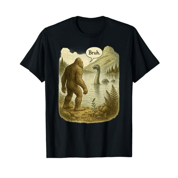 Bigfoot and Lake Monster Bruh Scene Tee Retro Cryptid Wilderness Art Graphic with Forest Lake ...