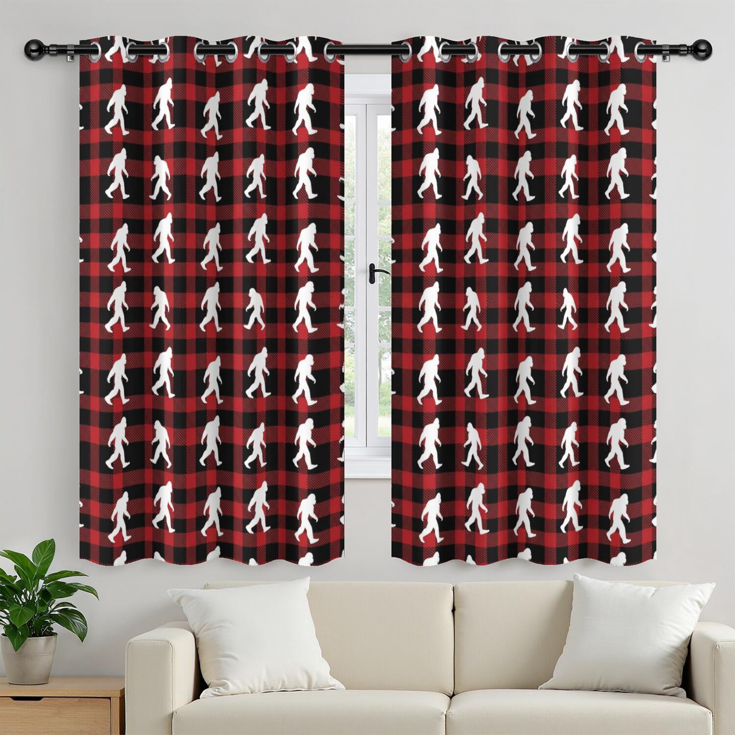 Bigfoot and Plaid Red Pattern Blackout Curtains,Triple Weaved Fabric ...
