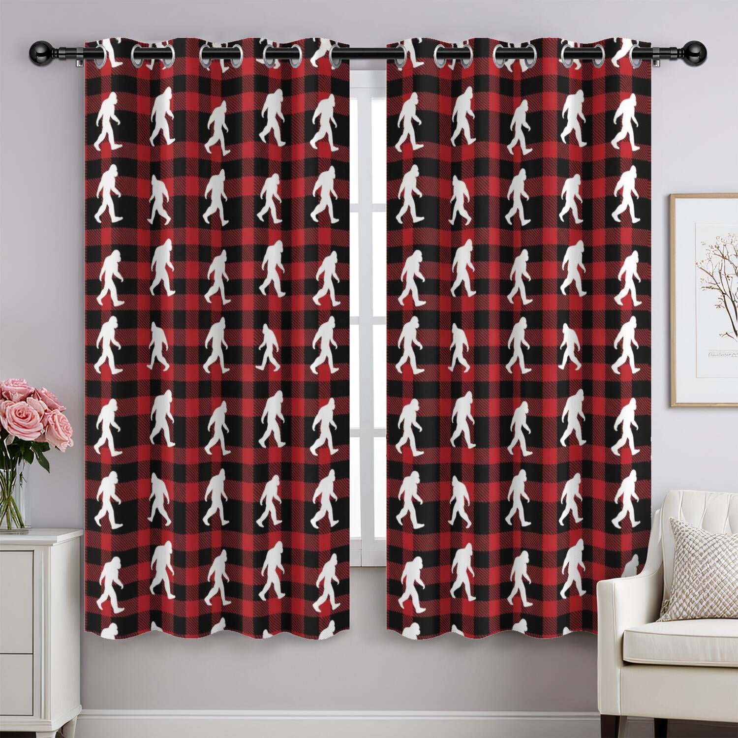 Bigfoot and Plaid Red Pattern Blackout Curtains,Triple Weaved Fabric ...