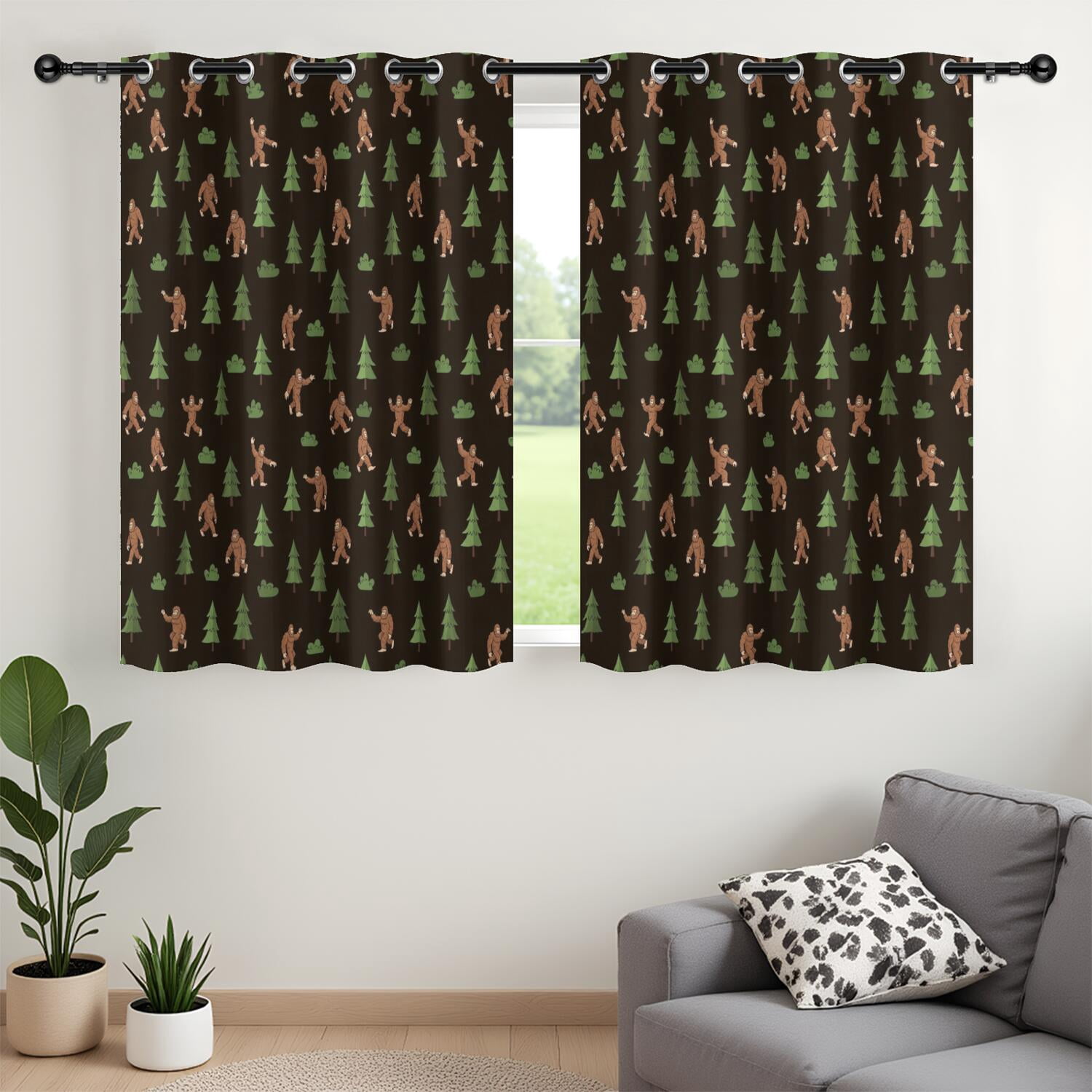Bigfoot and Tree Black Pattern Blackout Curtains,Triple Weaved Fabric ...