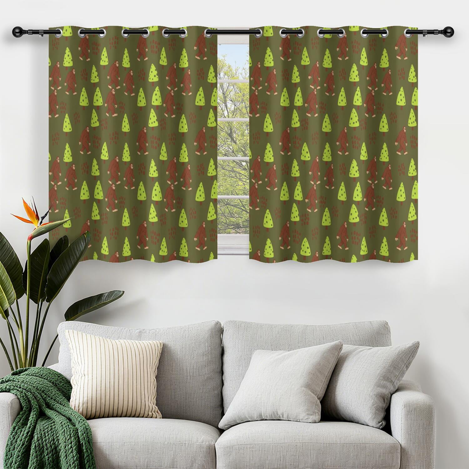 Bigfoot and Tree Green Pattern Blackout Curtains,Triple Weaved Fabric ...