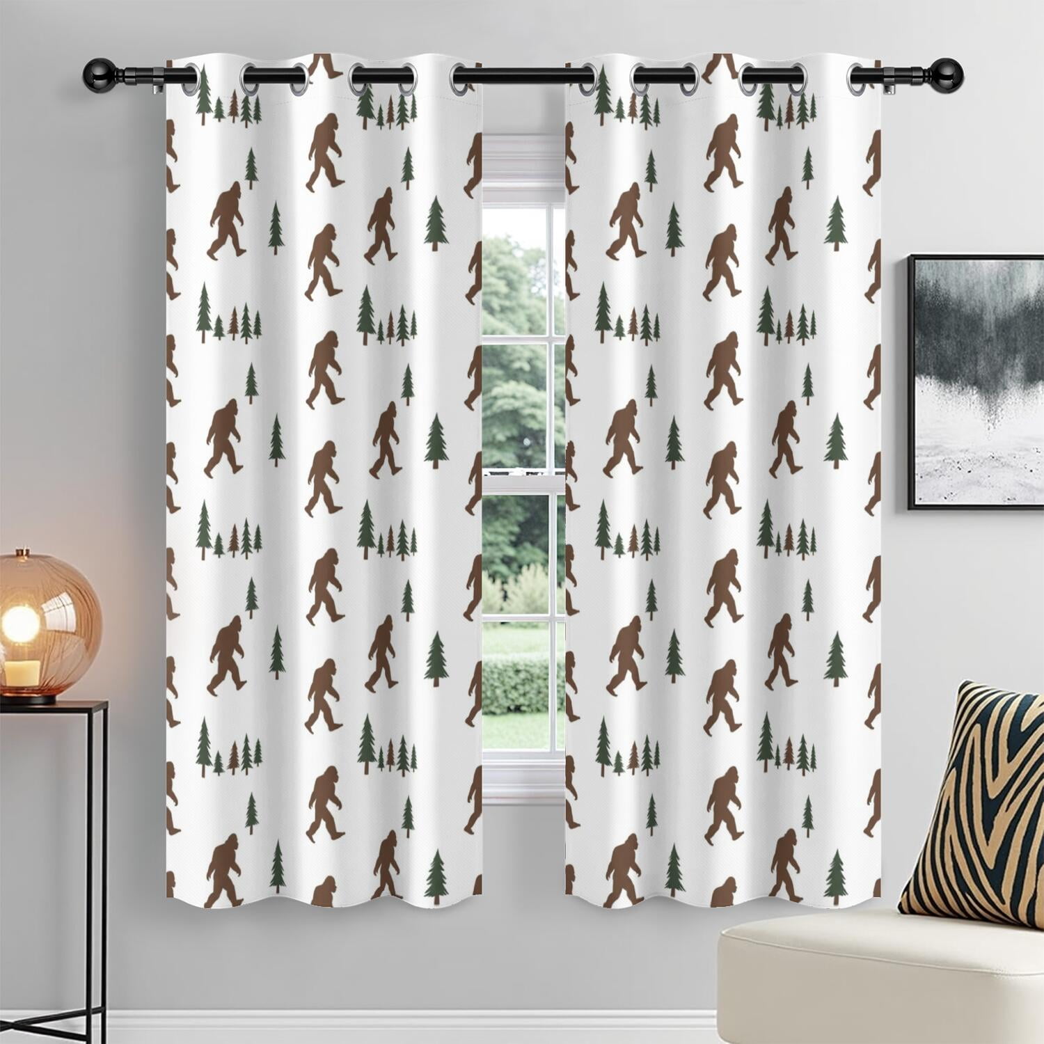 Bigfoot and Tree White Pattern Blackout Curtains,Triple Weaved Fabric ...