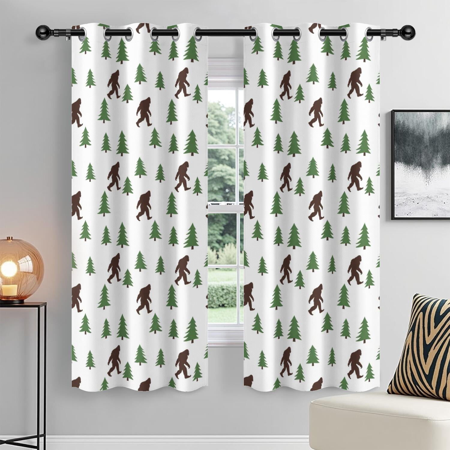 Bigfoot and Tree White Pattern Blackout Curtains,Triple Weaved Fabric ...