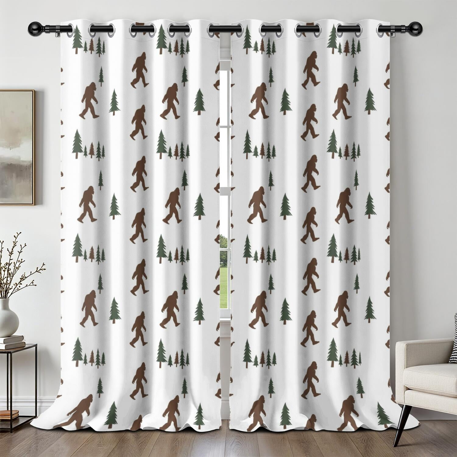 Bigfoot and Tree White Pattern Blackout Curtains,Triple Weaved Fabric ...