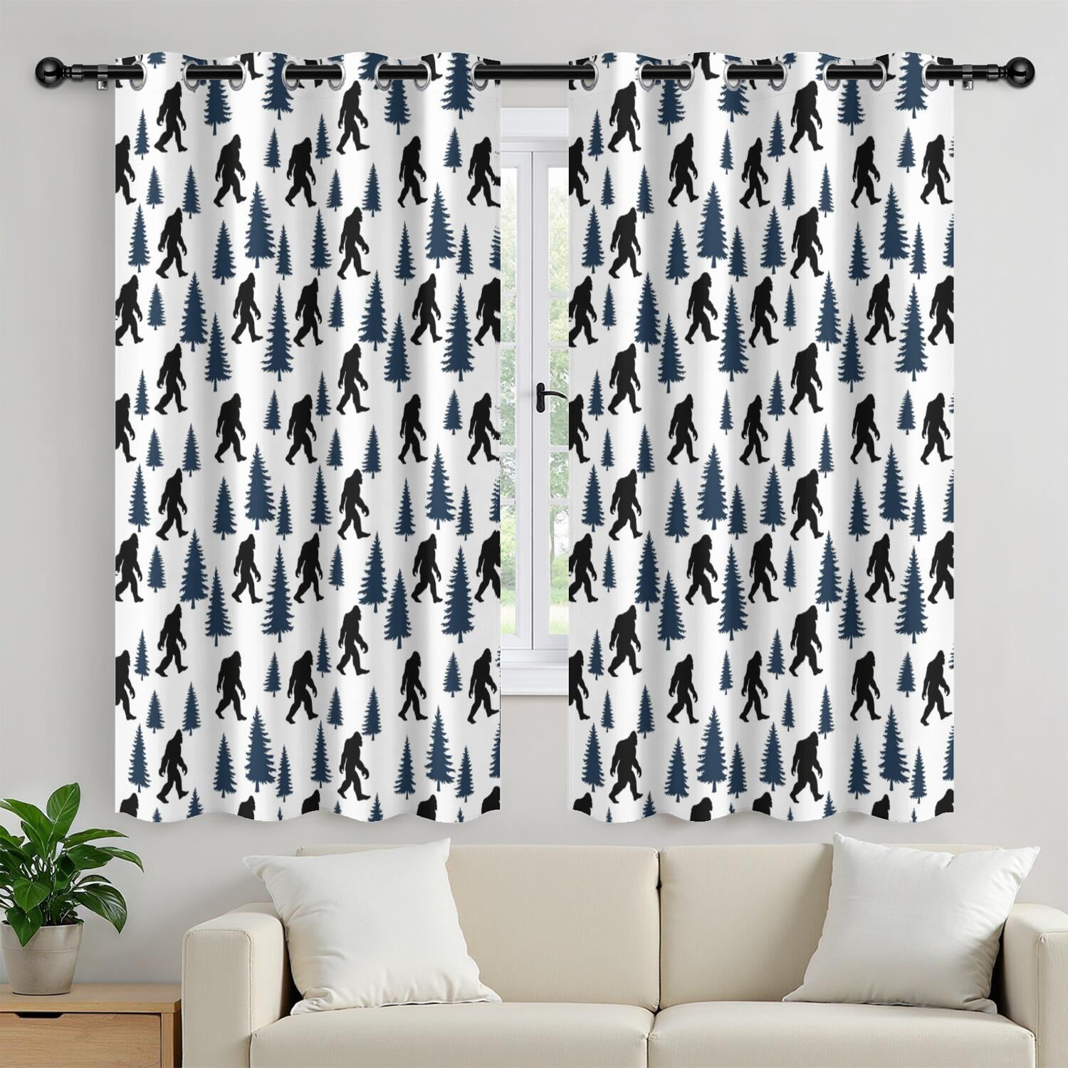 Bigfoot and Tree White Pattern Blackout Curtains,Triple Weaved Fabric ...