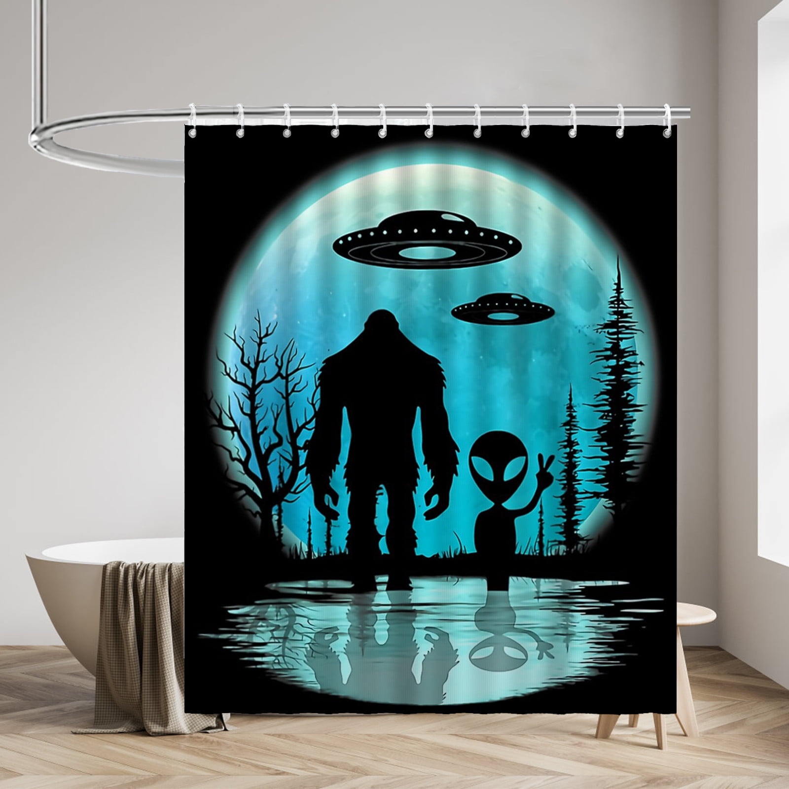 Bigfoot and UFO Alien Shower Curtains Blue Waterproof Bathroom Curtains ...