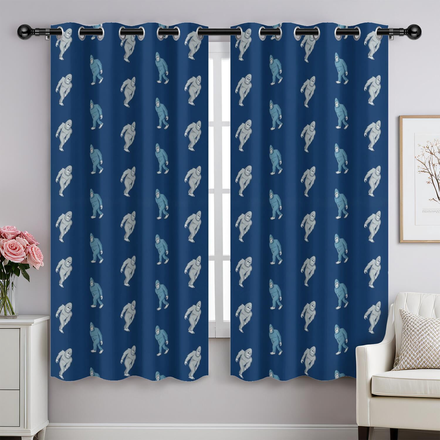 Bigfoot and Yeti Blue Pattern Blackout Curtains,Triple Weaved Fabric ...