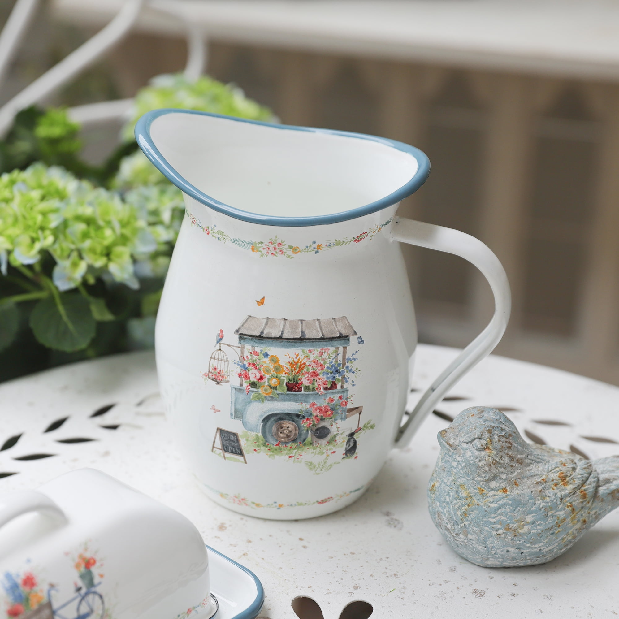 Bigfortune Enamel Pitcher with Handle Farmhouse Enamelware White ...