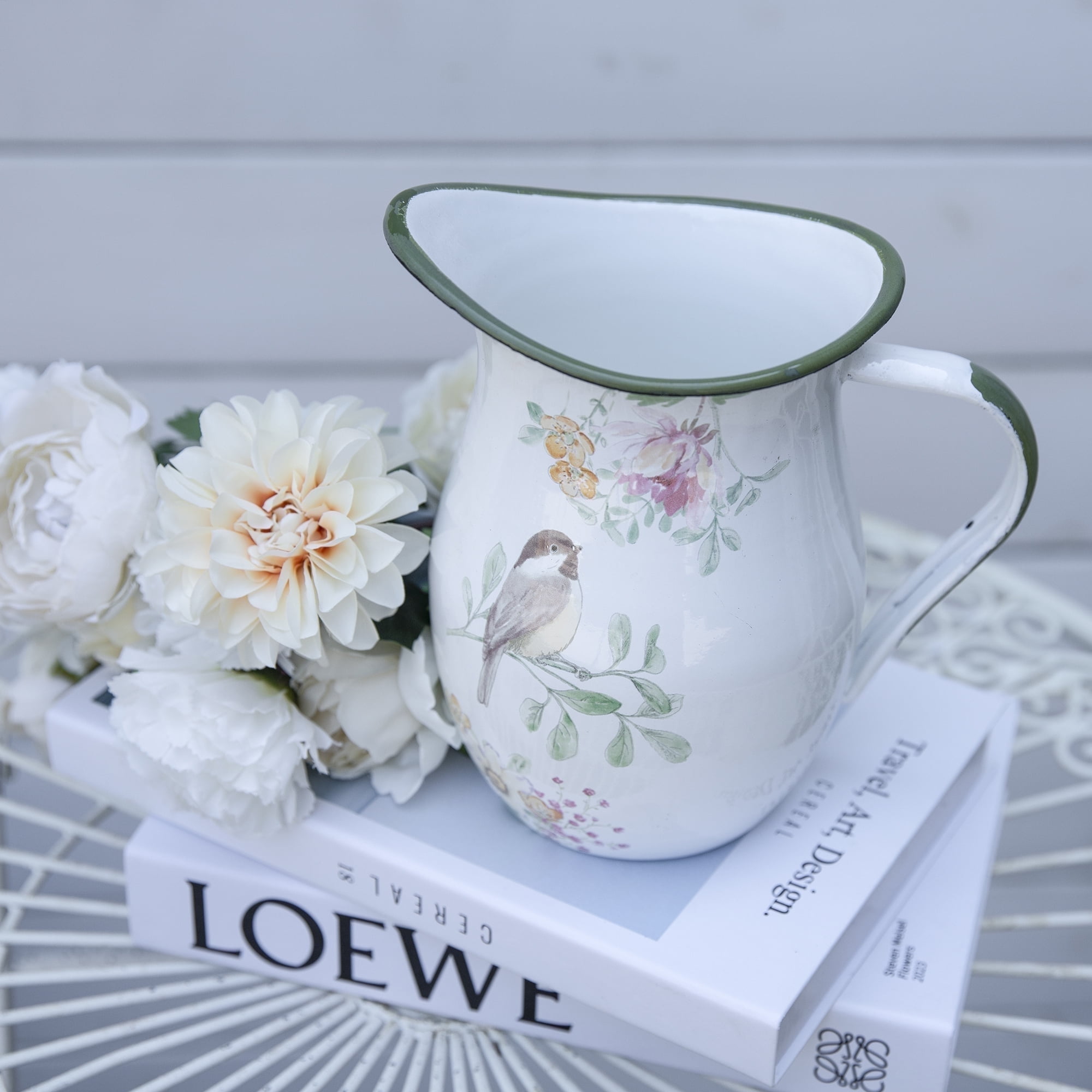 Enamel Pitcher 1.2 Qt, Vintage White Enamelware Water Pitcher Serving ...
