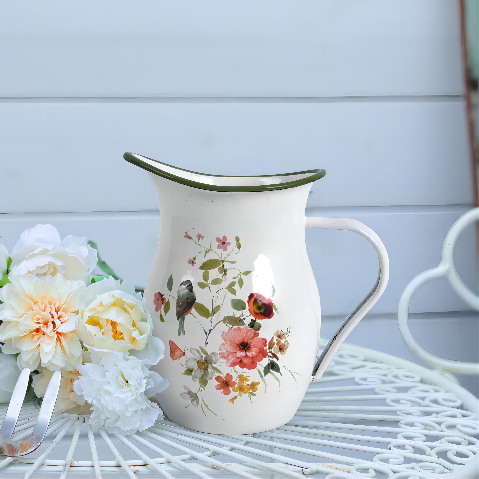 Enamel Pitcher with Handle Vintage Water Jug Farmhouse Enamelware ...