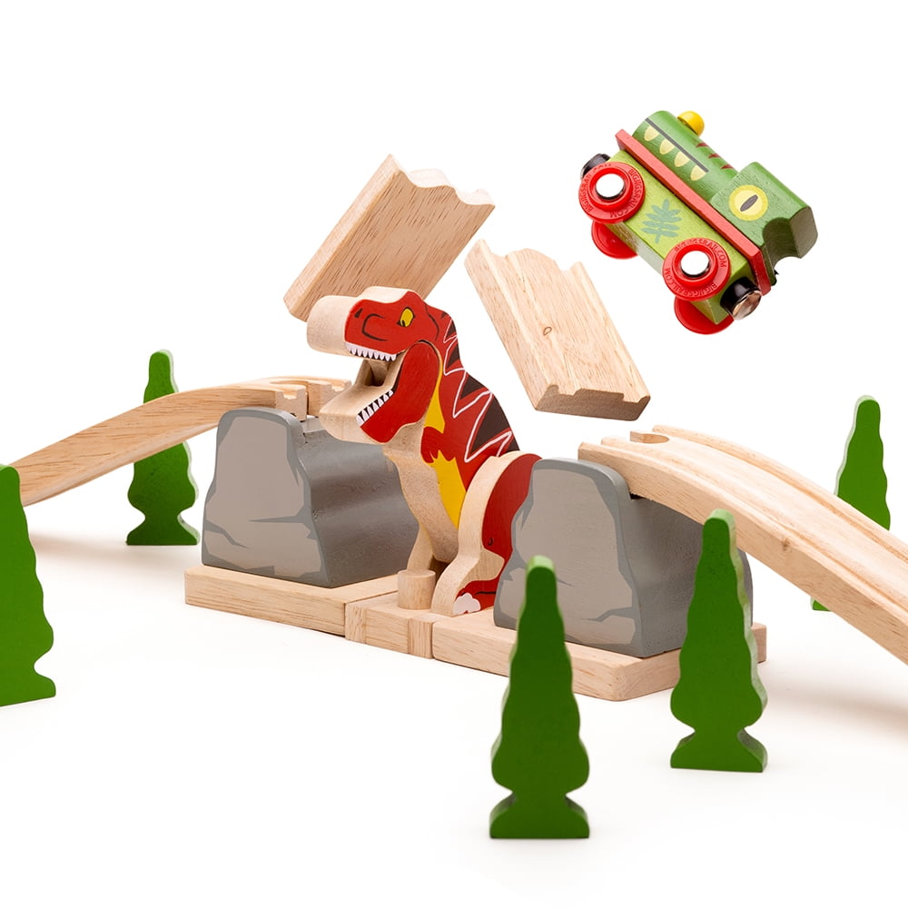 Bigjigs Toys Wooden Train Track, Dinosaur T-Rex Bursting Bridge Playset ...